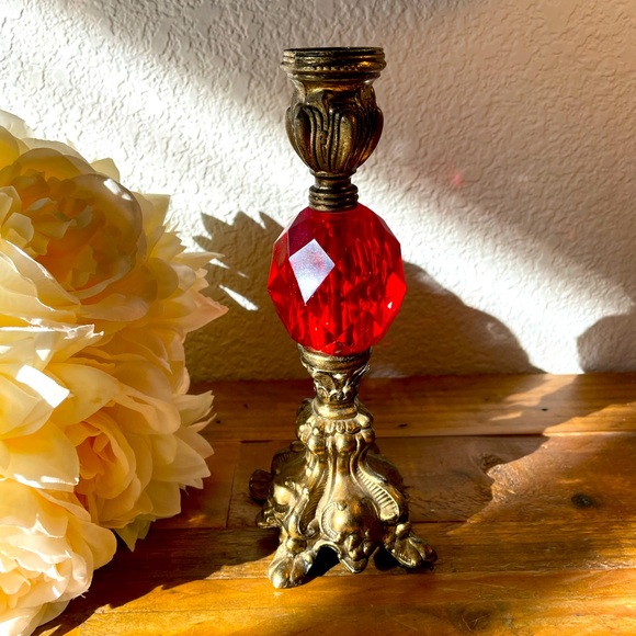Accents | Vintage Ruby Glass With Antique Gold Candlestick | Poshmark